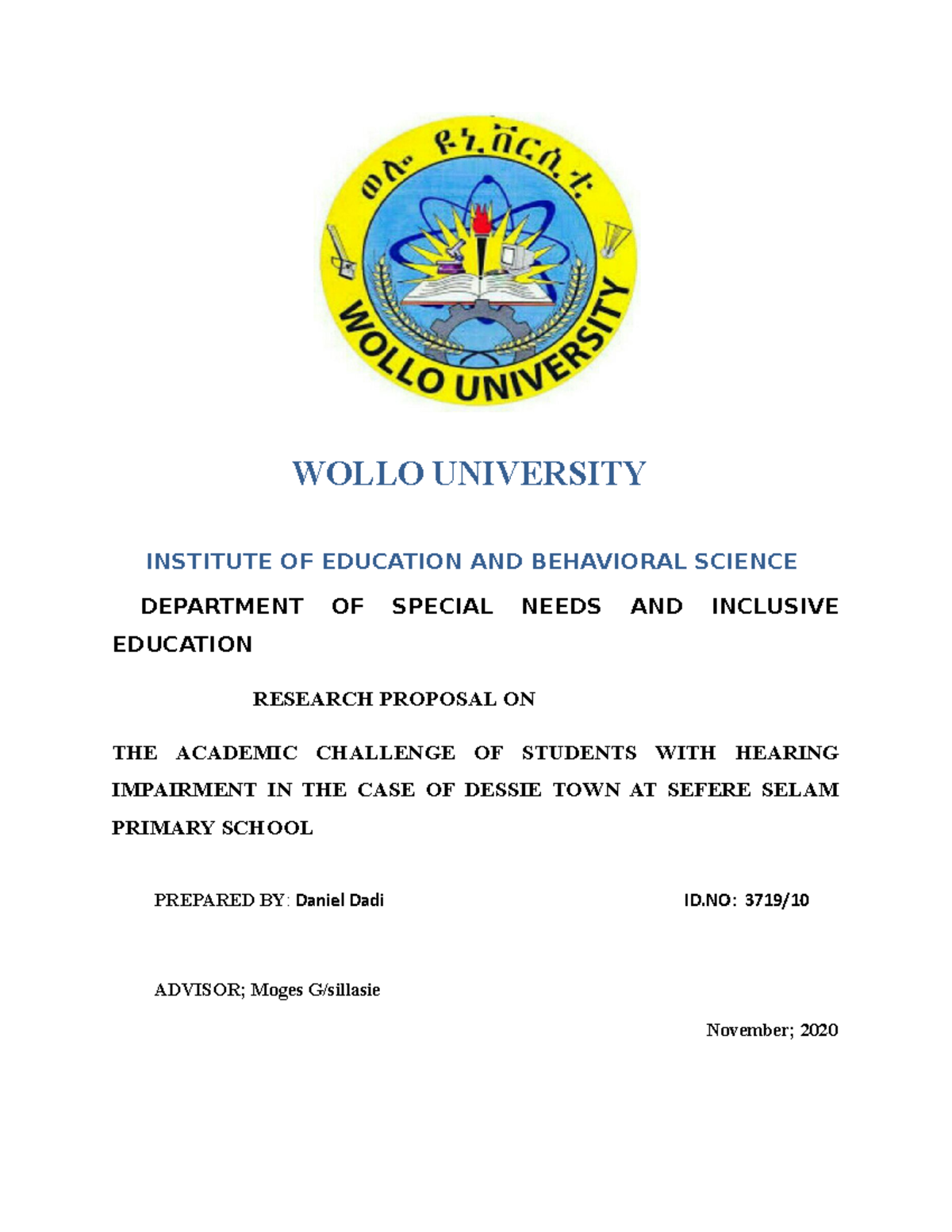 Dani PROP - Grade: B+ - WOLLO UNIVERSITY INSTITUTE OF EDUCATION AND ...