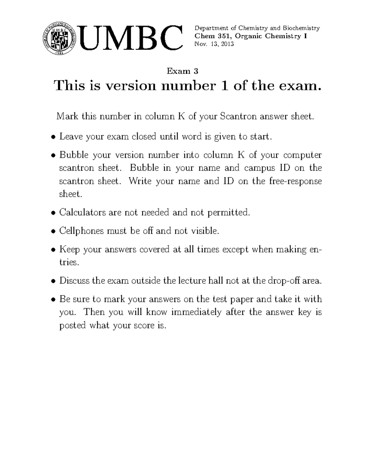 Exam 12 Organic Chemistry U M B C U N I V E R S I T Y O F M A R Y