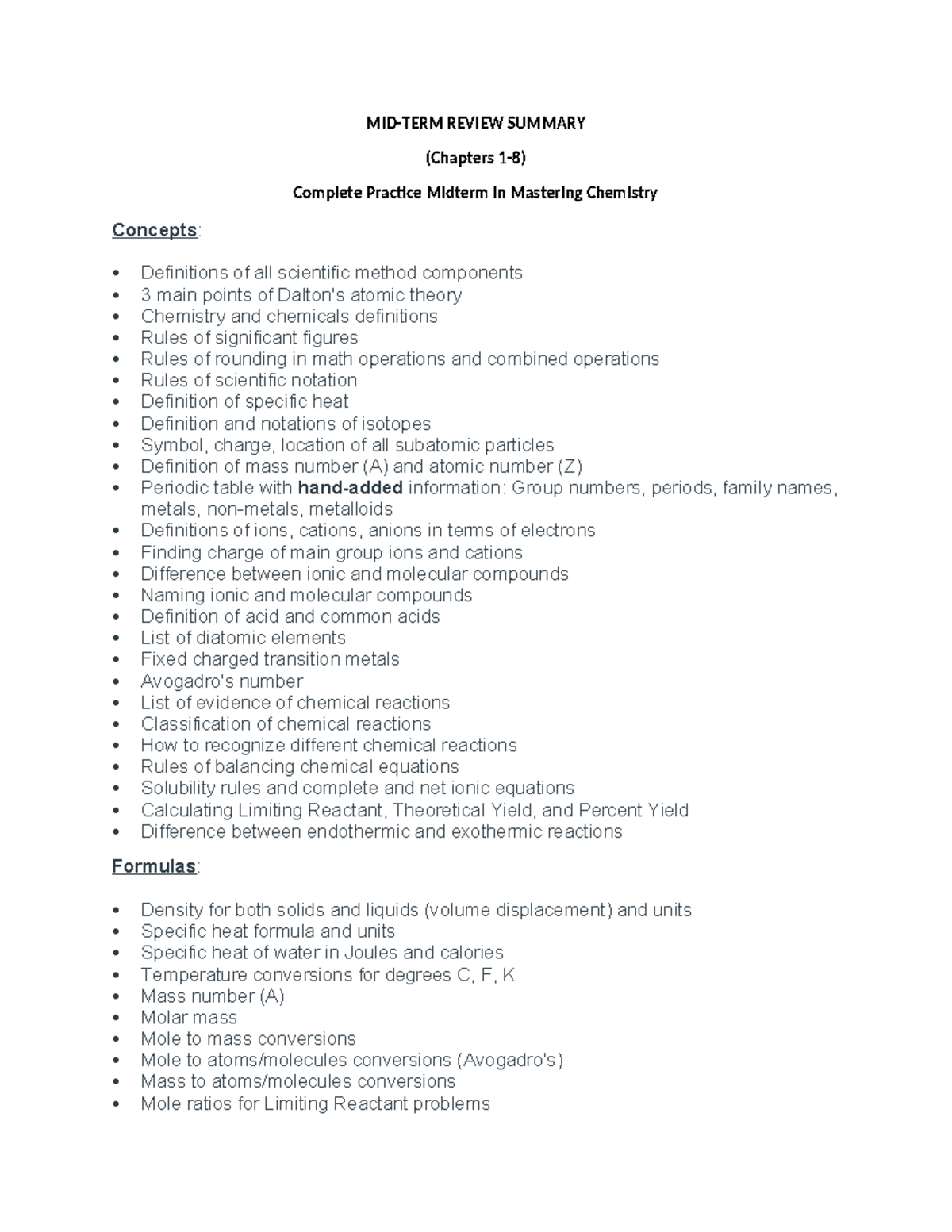 Mid-term Review Summary - MID-TERM REVIEW SUMMARY (Chapters 1-8) Complete Practice Midterm in ...