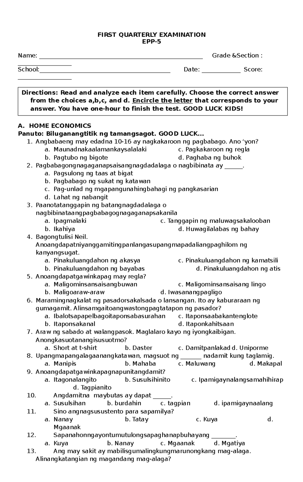PT EPP 5 Q1 - ... - FIRST QUARTERLY EXAMINATION EPP- Name: - Studocu