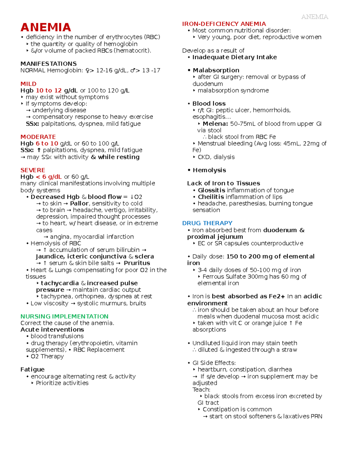 Heme - Notes From Book - ANEMIA deiciency in the number of erythrocytes ...