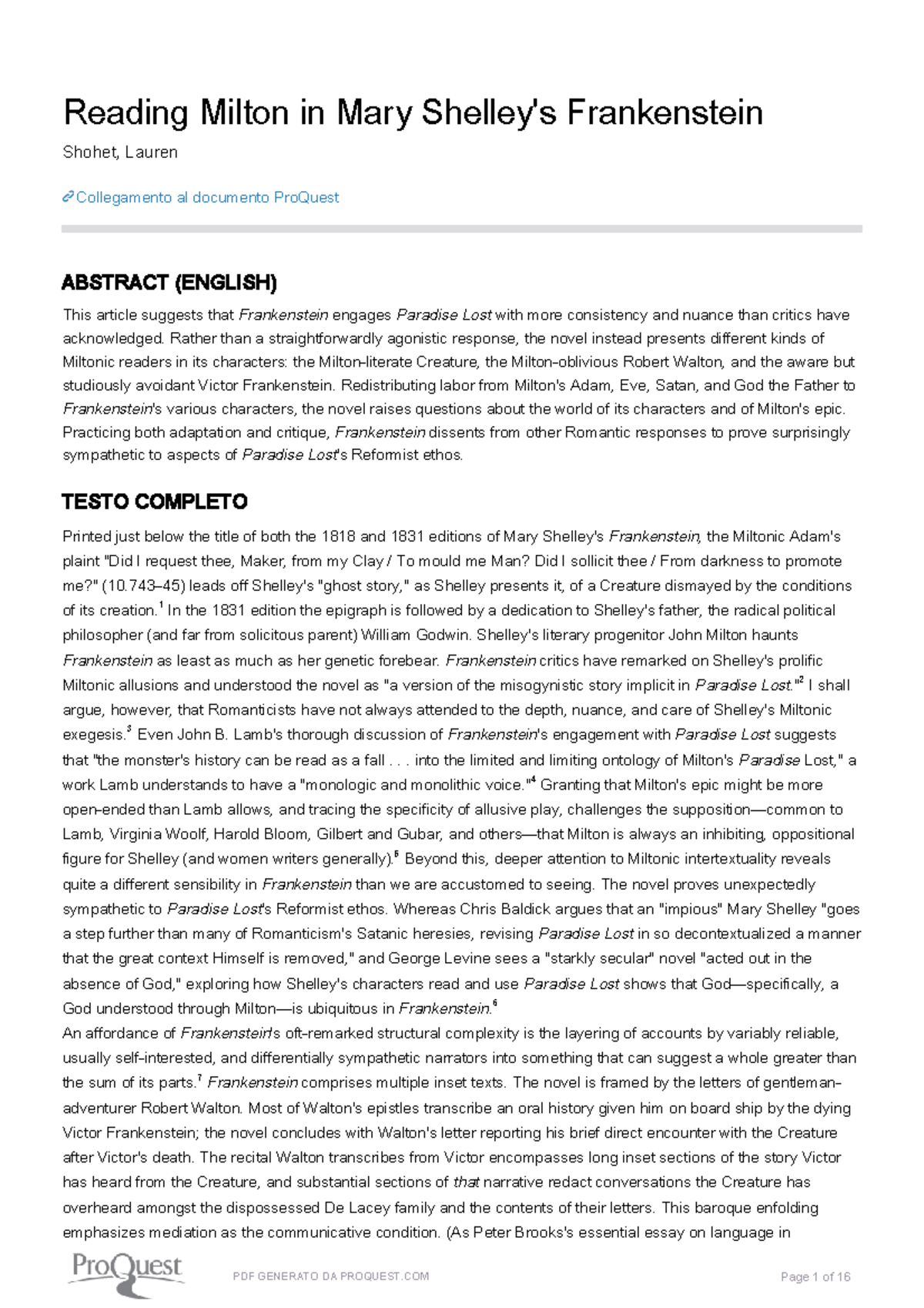 "Reading Milton in Mary Shelley's Frankenstein" - Shohet Lauren ...