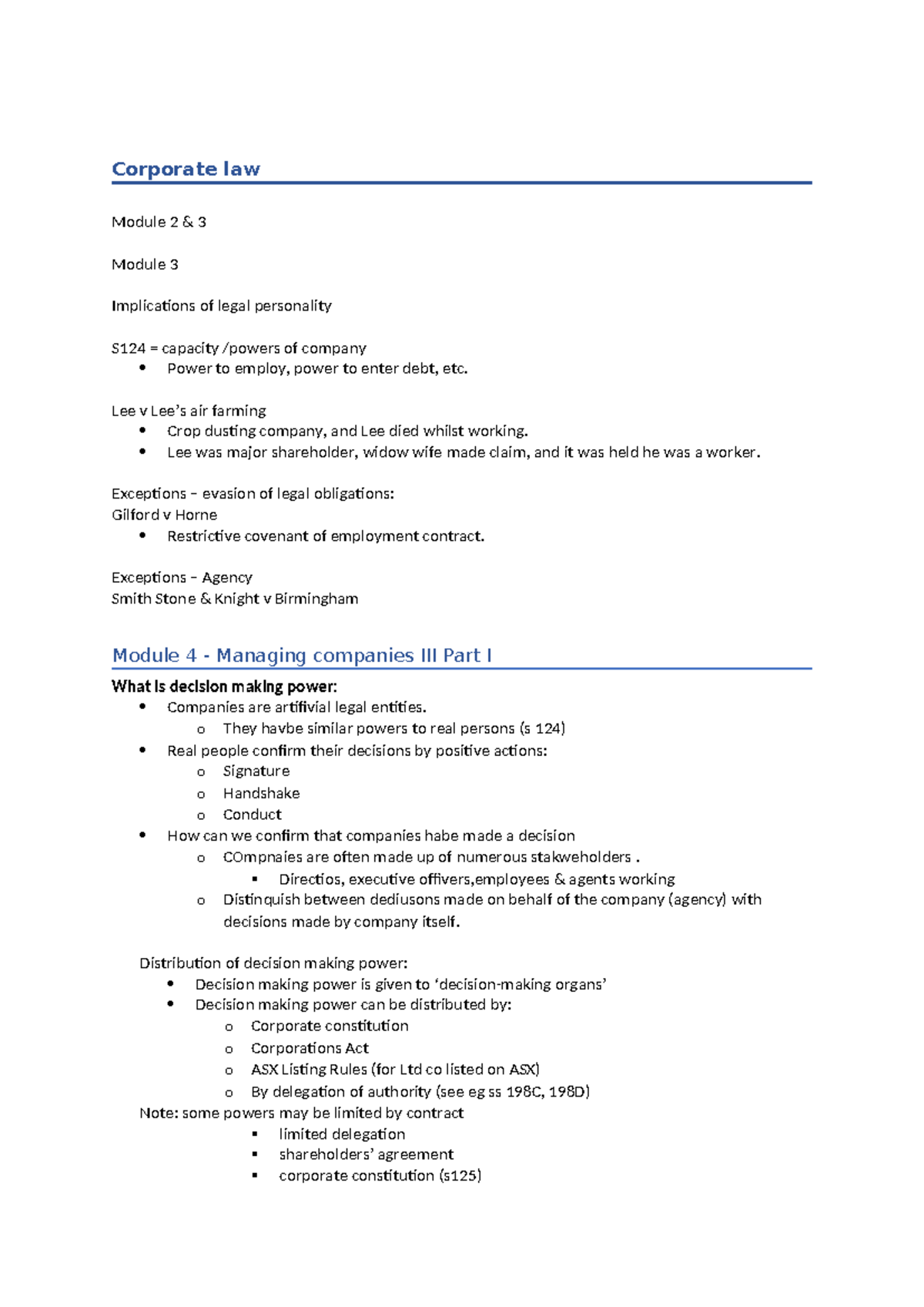 Corporate law Notes docx - Corporate law Module 2 & 3 Module 3 ...