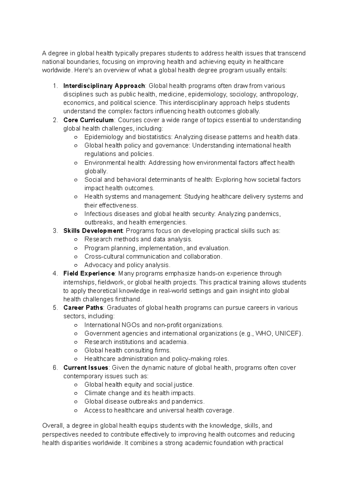 Global health overview - A degree in global health typically prepares ...