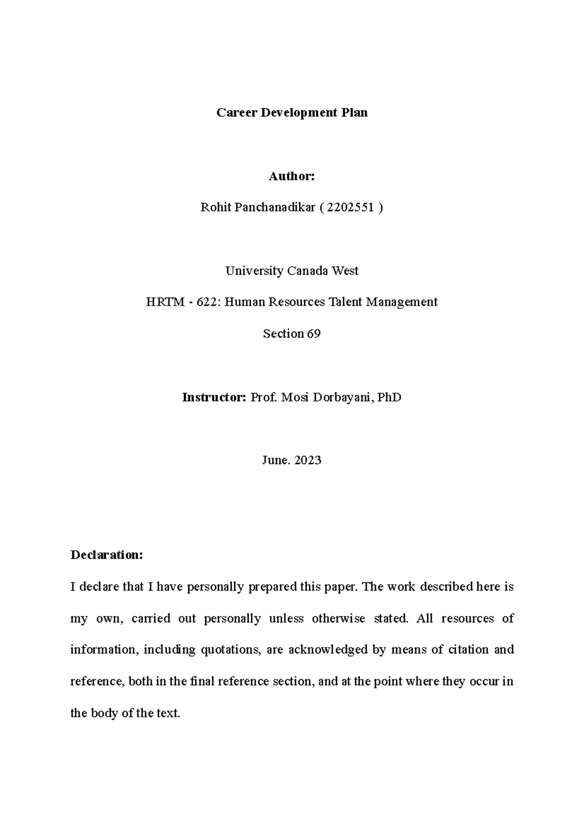 Career Plan - Mandatory Assignment - Career Development Plan Author ...