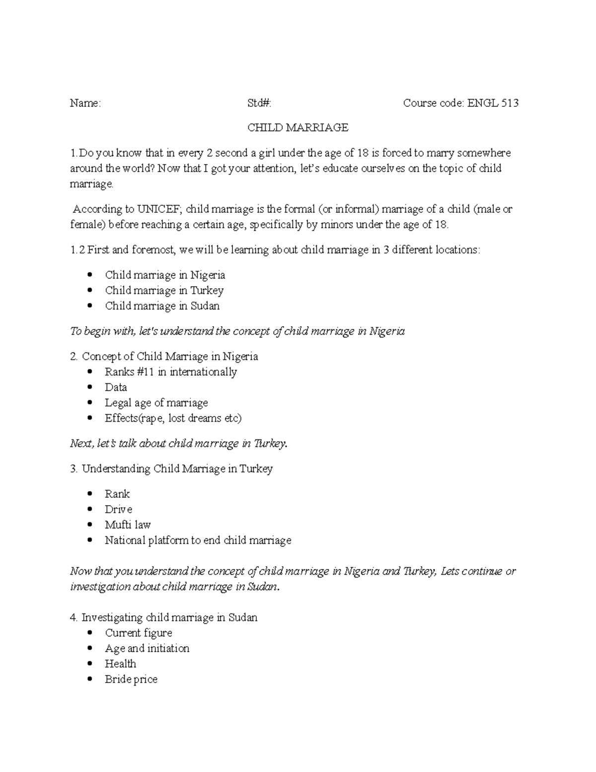 Sample Child marriage outline - Name: Std#: Course code: ENGL 513 CHILD ...