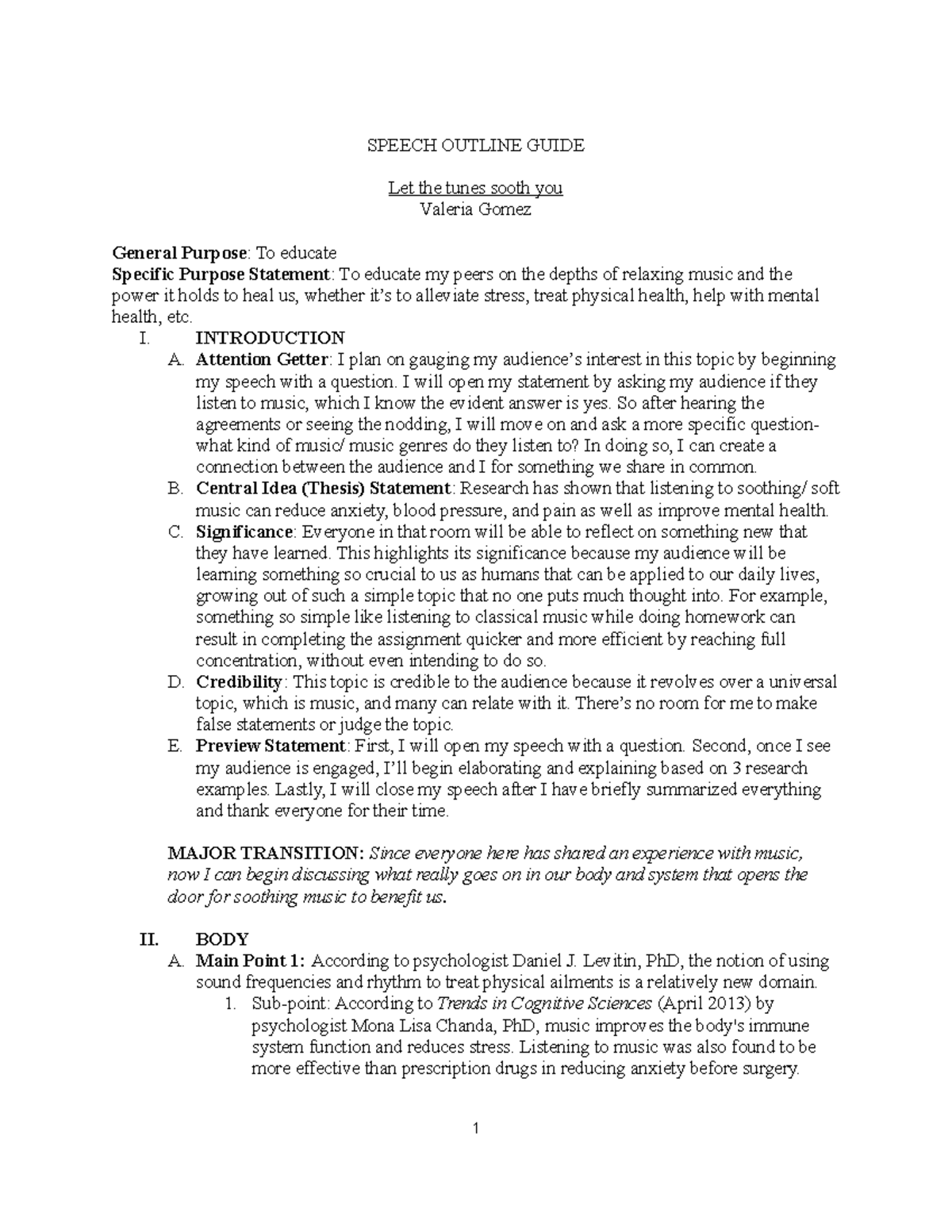 Informative Speech Outline - SPEECH OUTLINE GUIDE Let the tunes sooth ...