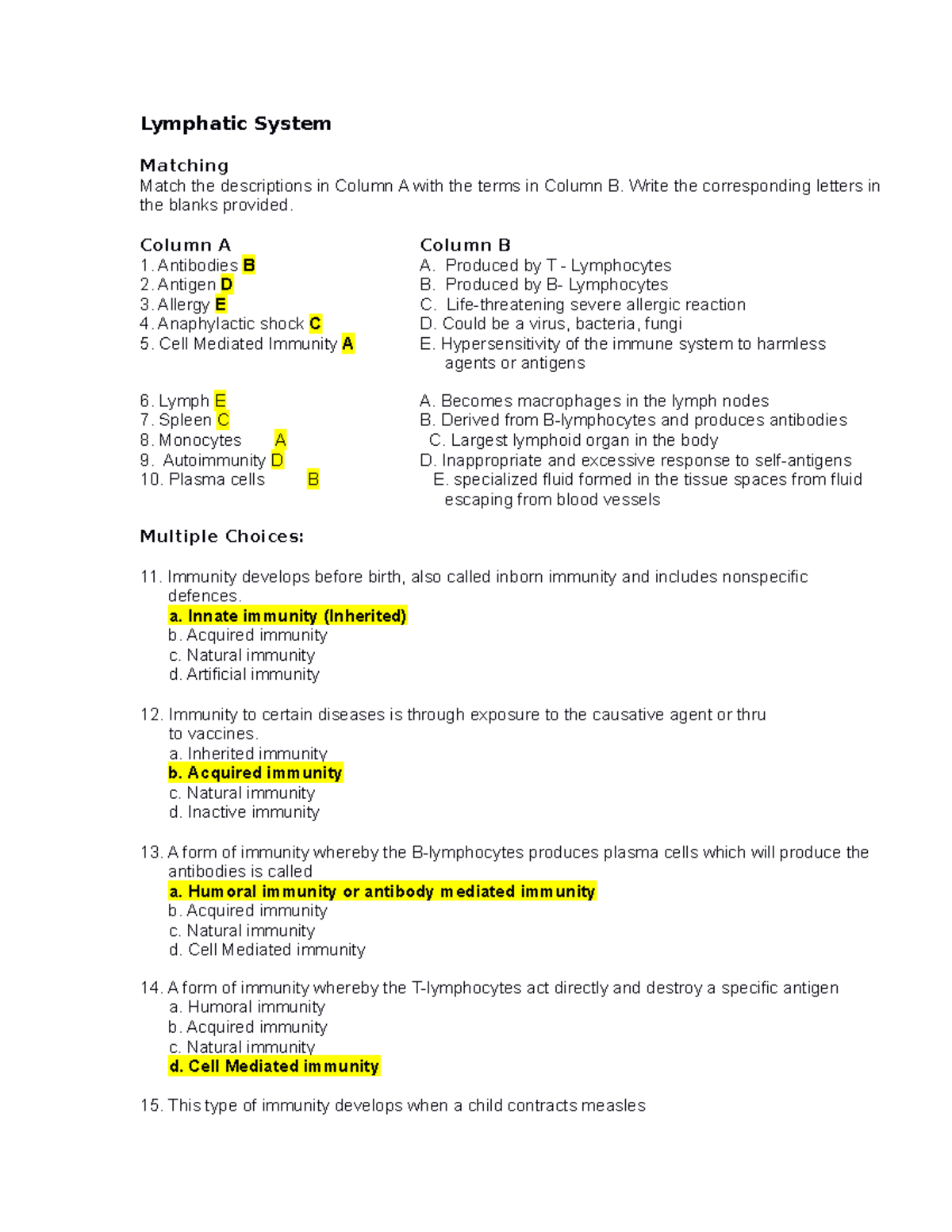 Chap. 20 Lymphatic System Key - Lymphatic System Matching Match the ...