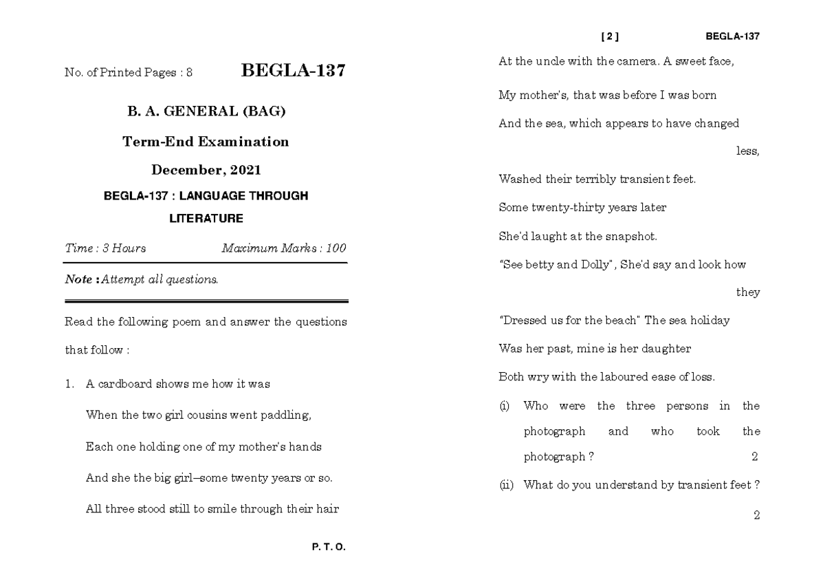 Begla-137 - English in daily life - No. of Printed Pages : 8 BEGLA- B. A. GENERAL (BAG) Term-End ...