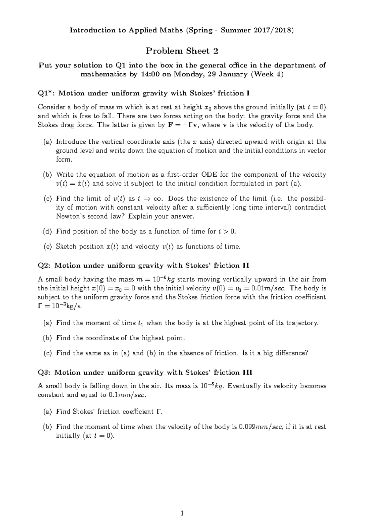 2018 IAM Problem Sheet 2 - Introduction to Applied Maths (Spring ...