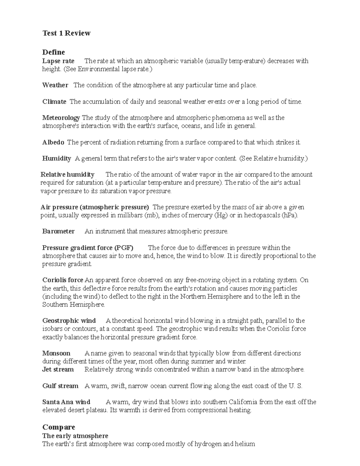 Test One Study Guide - Test 1 Review Define Lapse rate The rate at ...