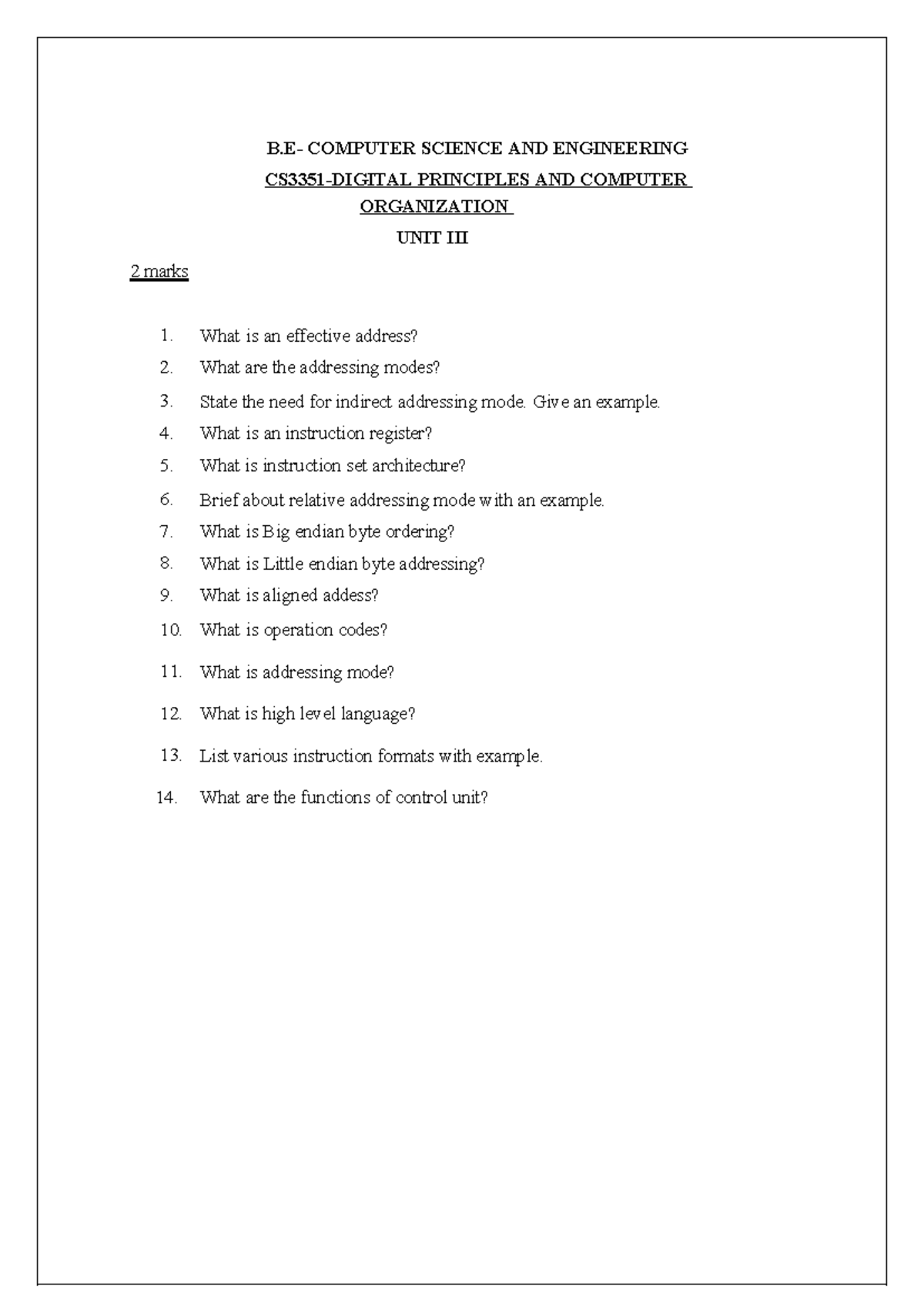 Dpco 32 Test Test 2 Marks B Computer Science And Engineering Cs3351 Digital Principles And