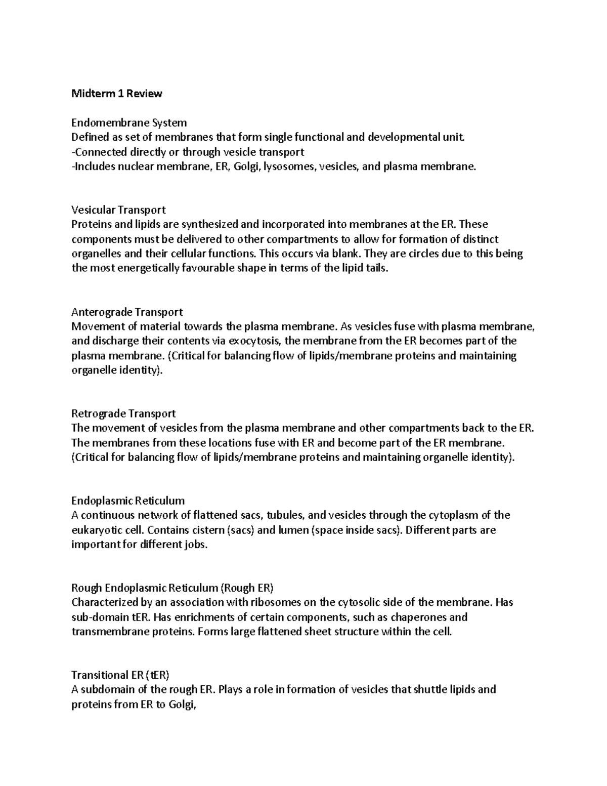 Midterm 1 Review Notes - Midterm 1 Review Endomembrane System Defined ...
