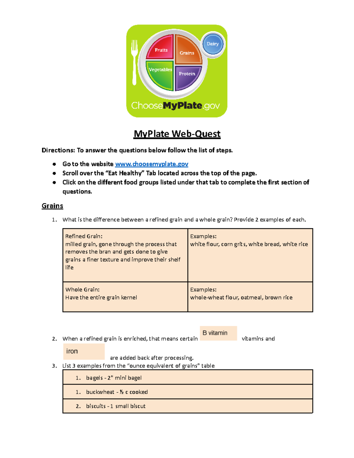 My Plate Web Quest - Food for thought - MyPlate Web-Quest Directions ...