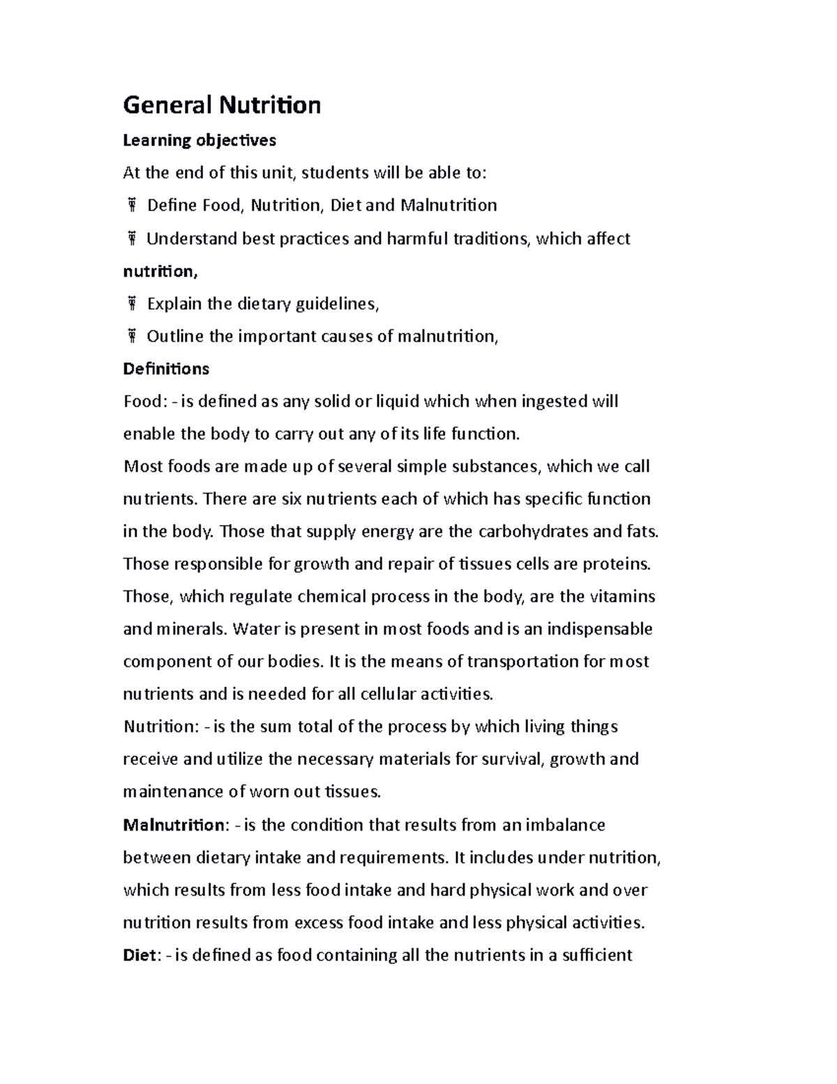 General Nutrition notes - General Nutrition Learning objectives At the ...
