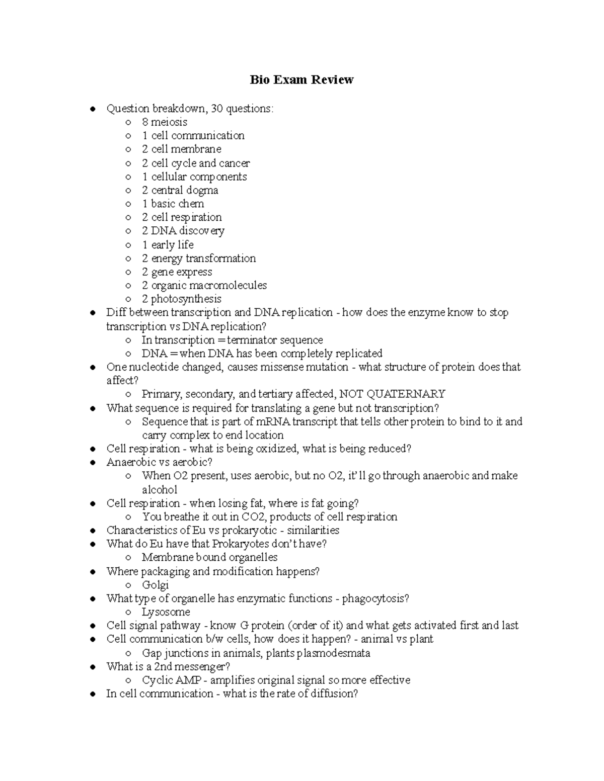 Bio Exam Review - Hansen - Bio Exam Review Question breakdown, 30 ...
