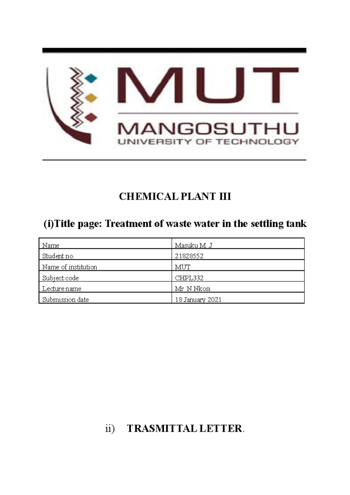 Chemical Plant III - masuku - CHEMICAL PLANT III (i)Title page ...