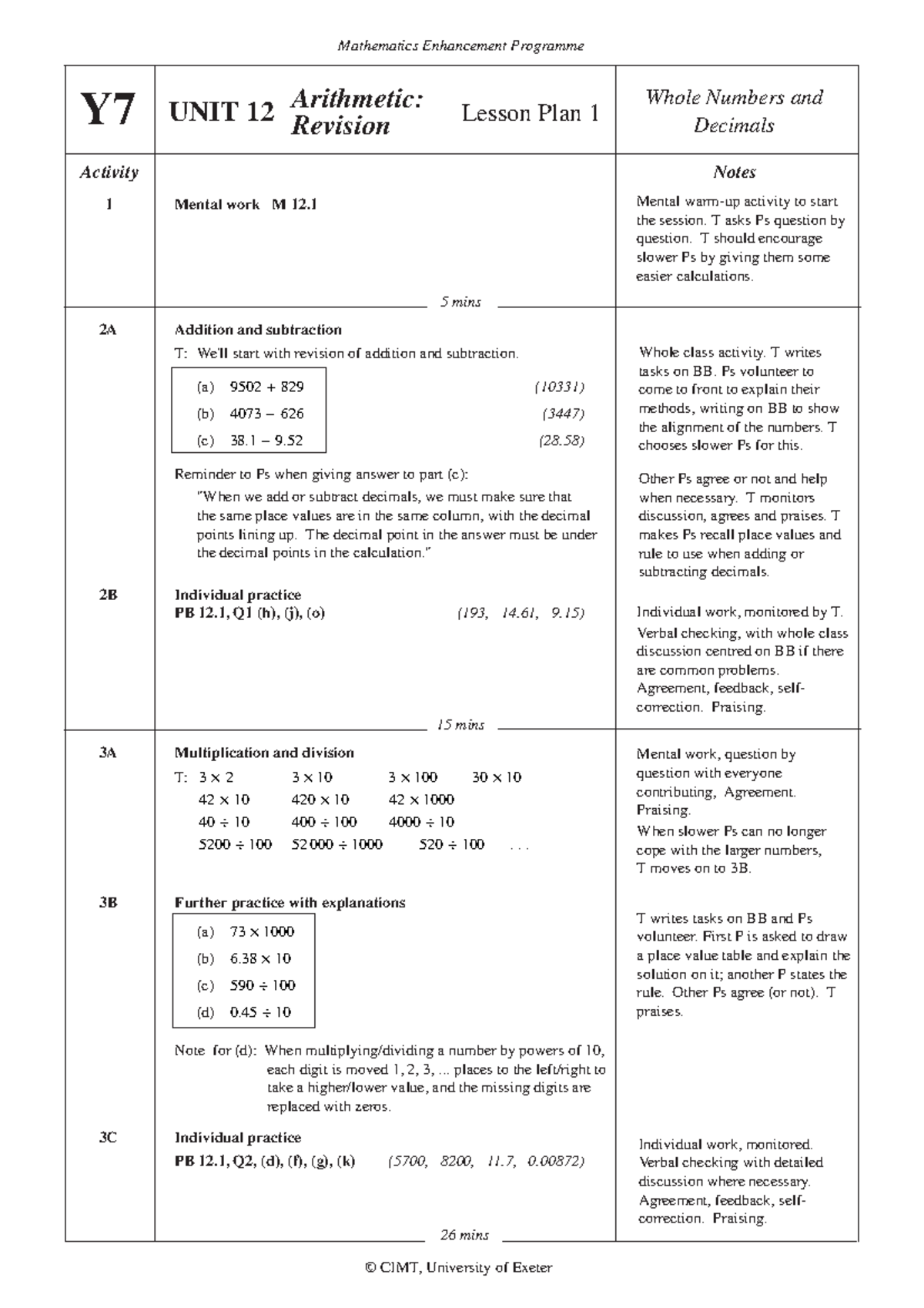 Unit 12 Arithmetic revision lesson plan and notes - Mathematics ...