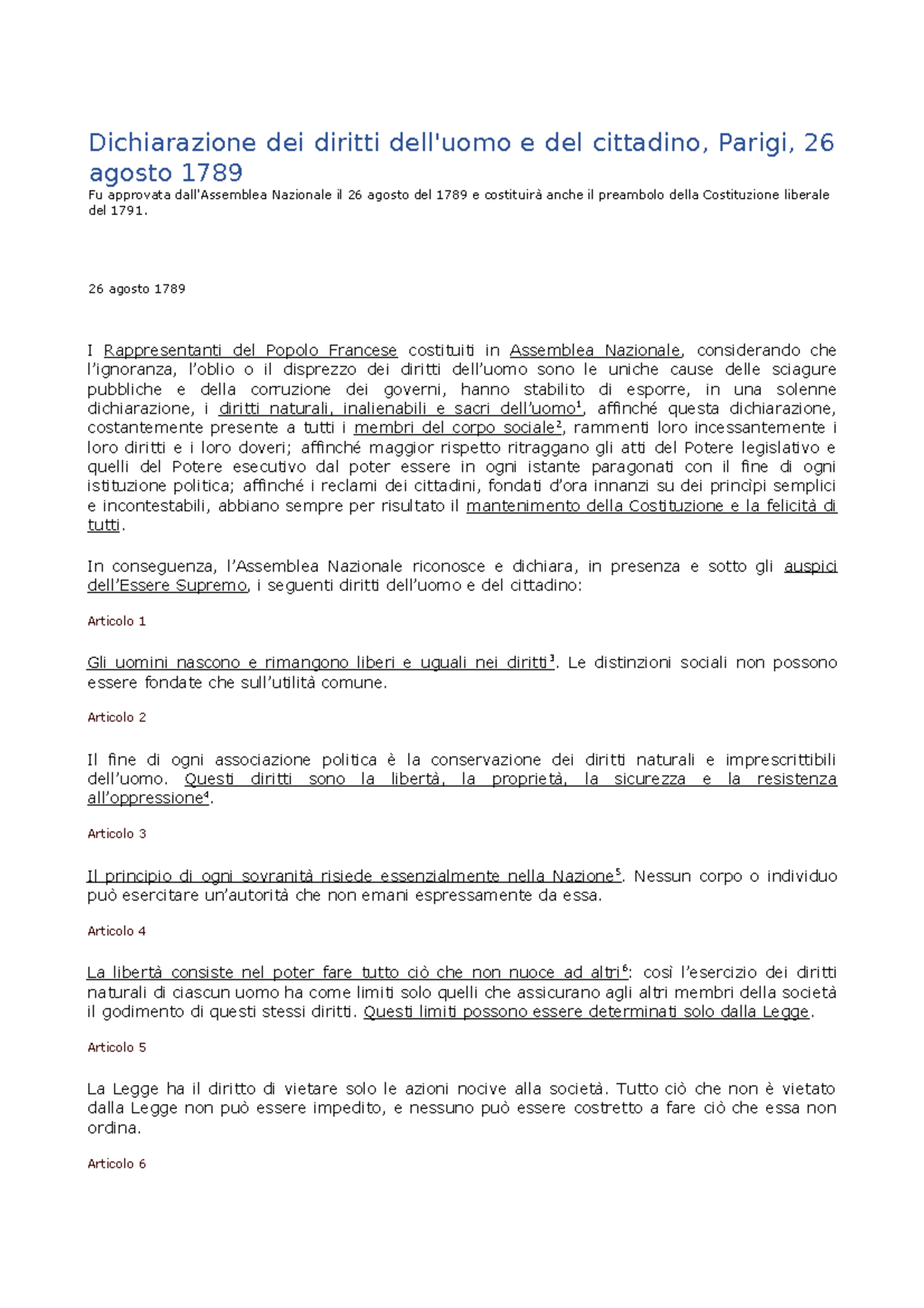Dichiarazione Diritti Uomo E Cittadino 1789 Dichiarazione Dei Diritti