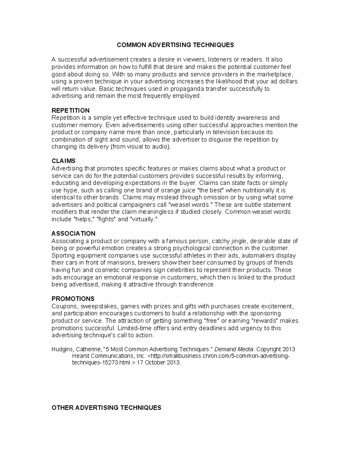 Common advertising techniques - COMMON ADVERTISING TECHNIQUES A ...