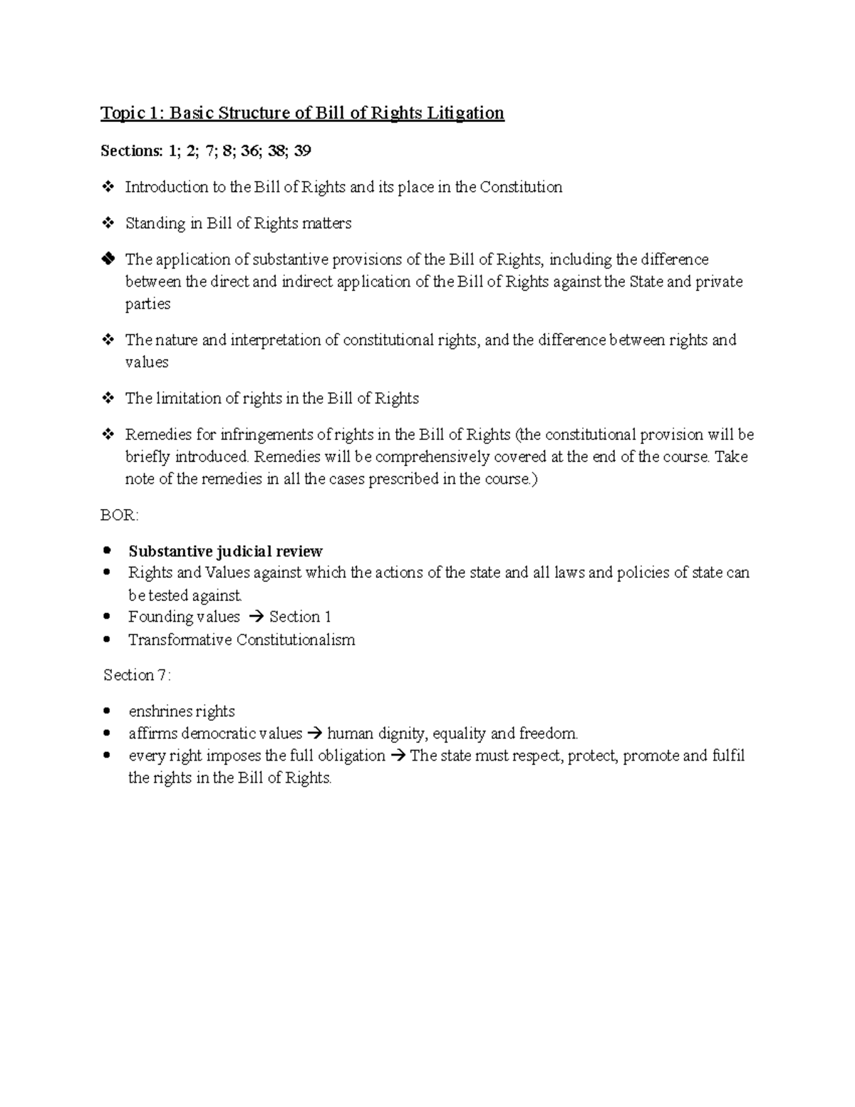 Topic 1 Notes - Topic 1: Basic Structure of Bill of Rights Litigation ...