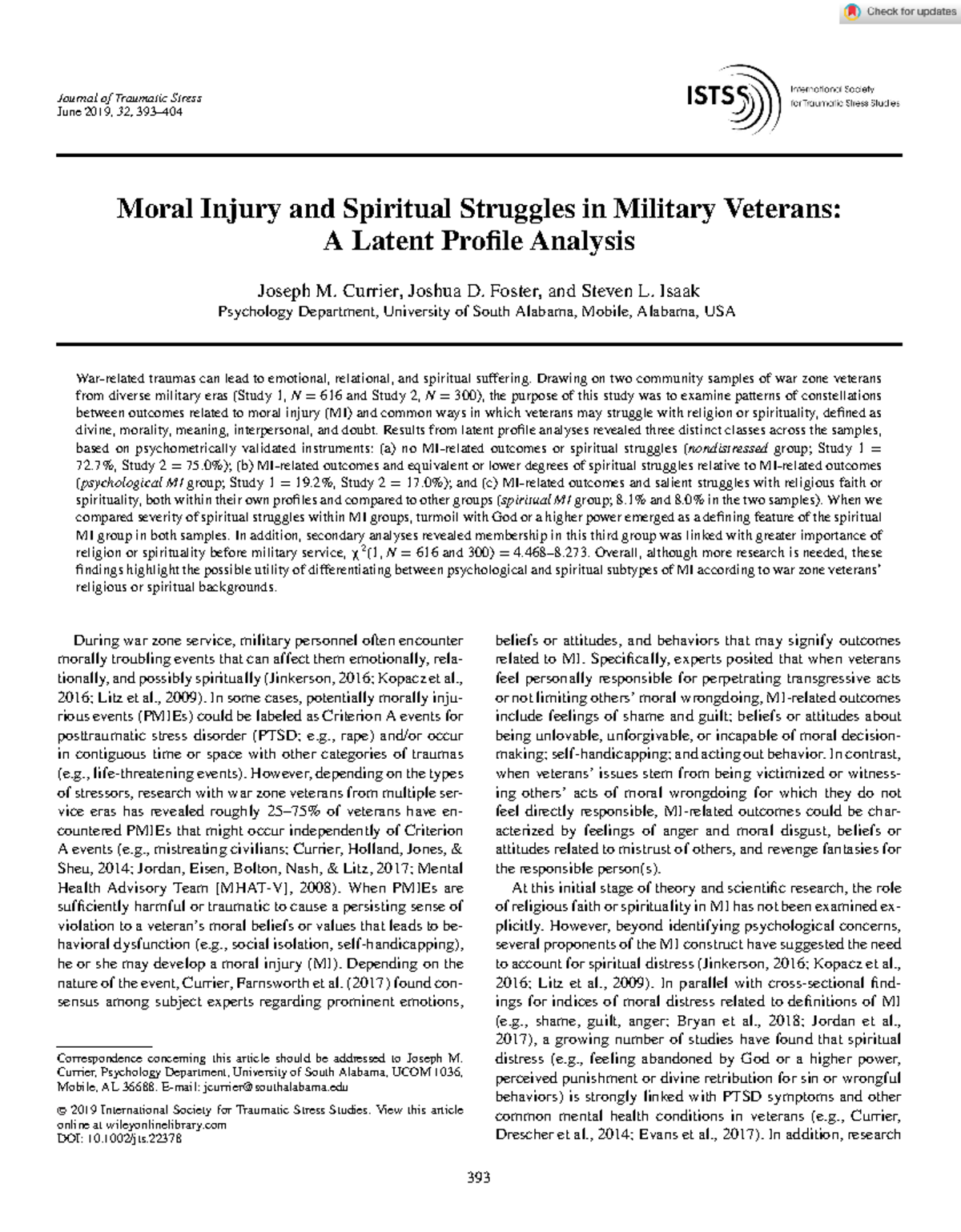 Moral injury and spiritual struggles in military veterans - Journal of ...