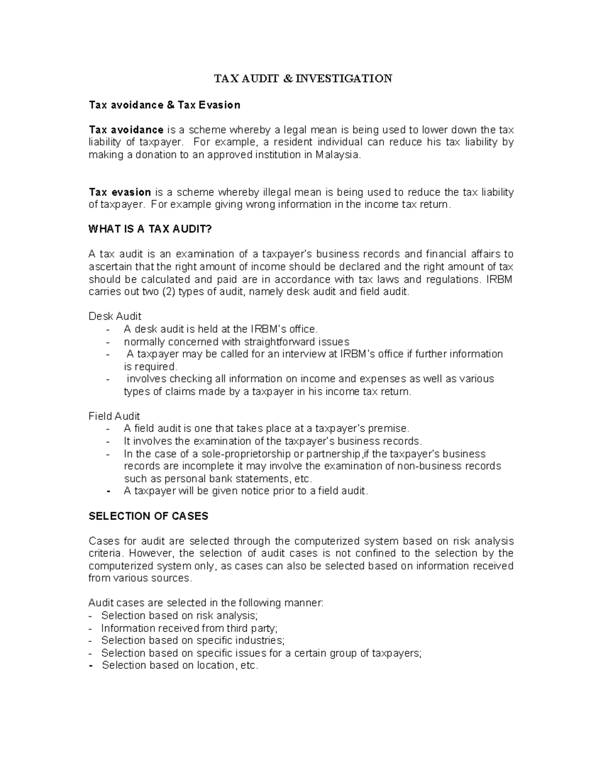 Tax audit & investigation - TAX AUDIT & INVESTIGATION Tax avoidance ...