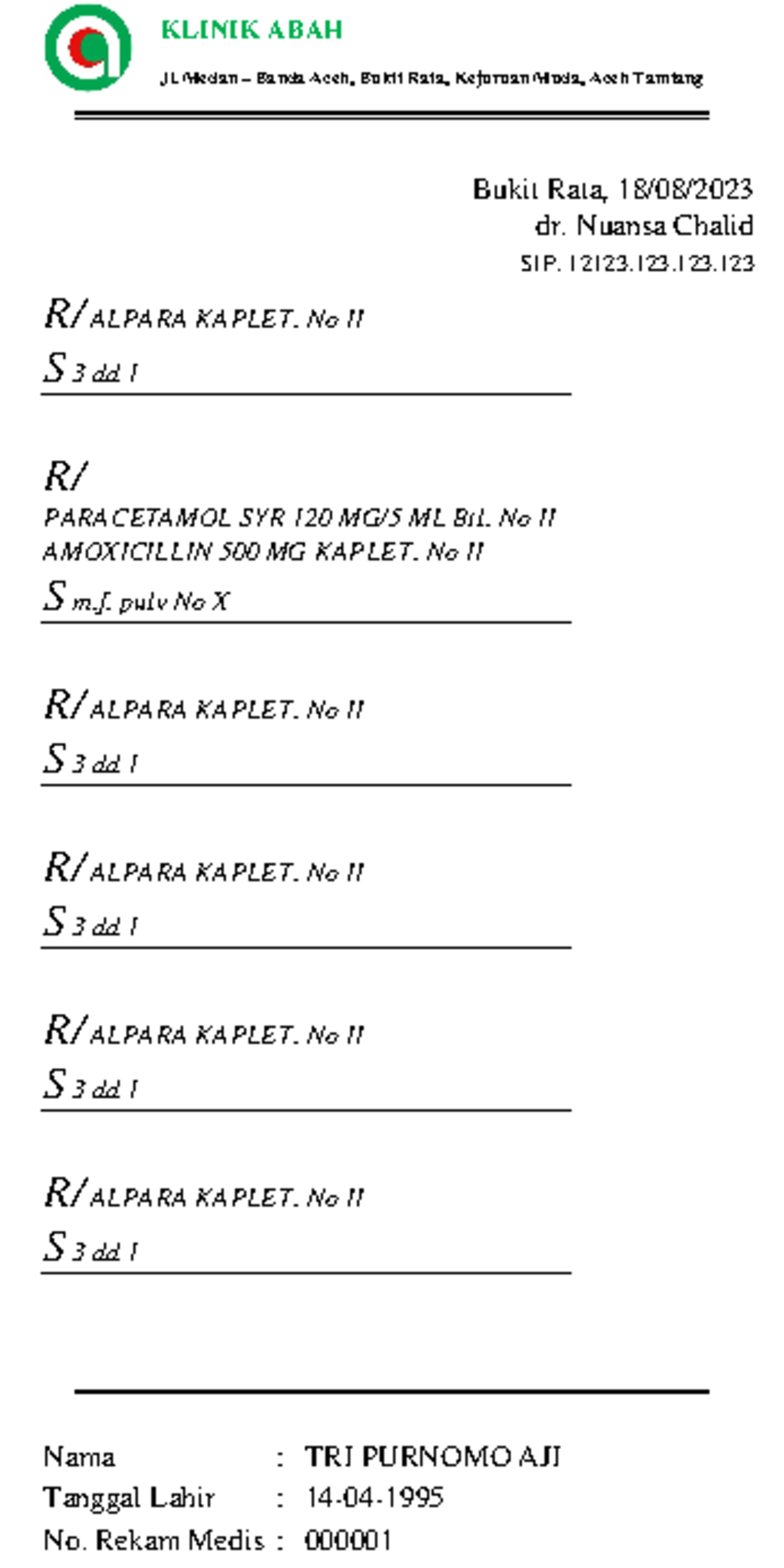 Resep Obat - asd - R/ ALPARA KAPLET. No II S 3 dd 1 R/ PARACETAMOL SYR ...