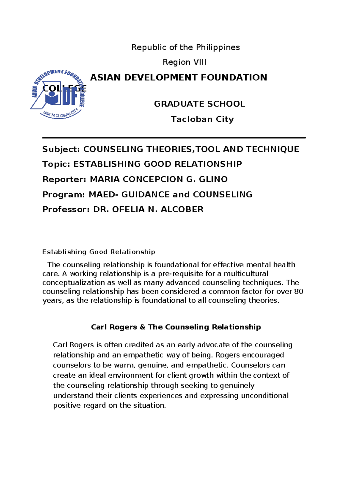 Counseling Theories WEEK 2 - Republic of the Philippines Region VIII ...