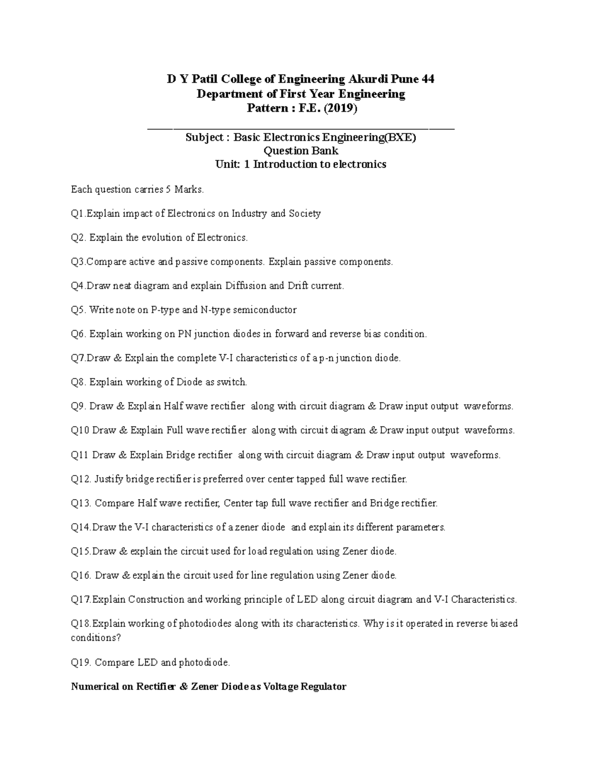 BXE Question Bank on Unit 1 - D Y Patil College of Engineering Akurdi Pune 44 Department of ...