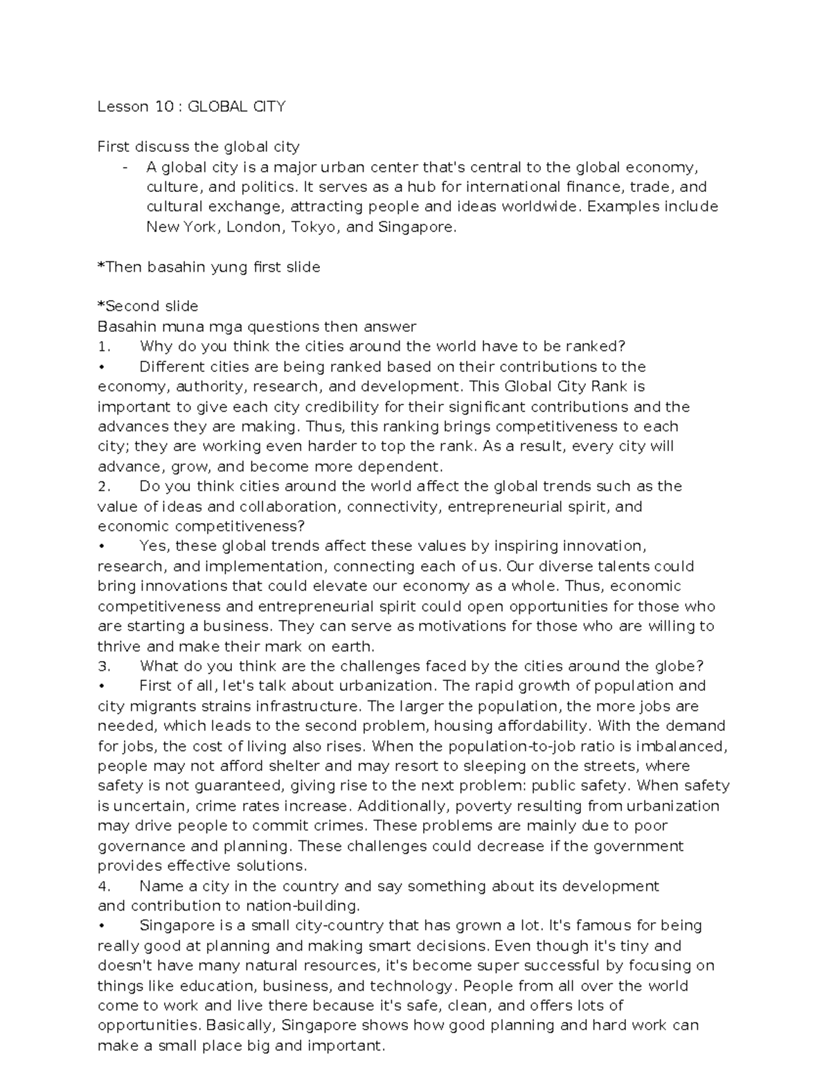 Lesson 10 Global CITY 1 - Lesson 10 : GLOBAL CITY First discuss the ...