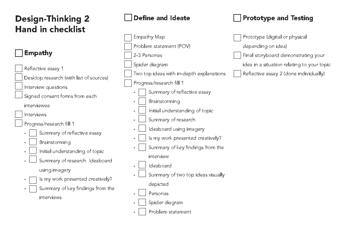 Design-Thinking 2 HAND IN Checklist - Empathy Reflective essay 1 Desktop research (with list of ...