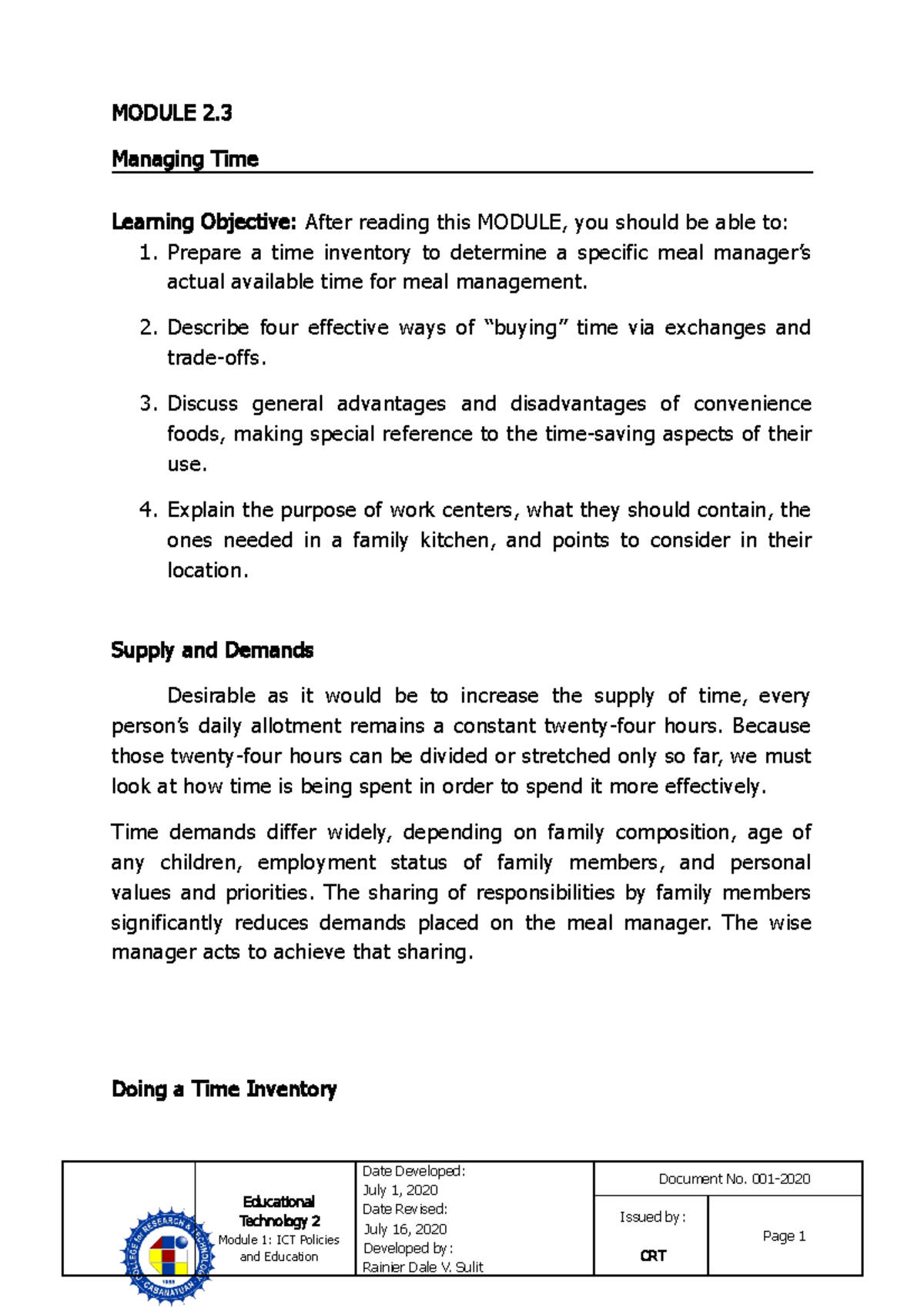 Module 2.3 Meal mangement - MODULE 2. Ma na gin g Time Learning Ob ...