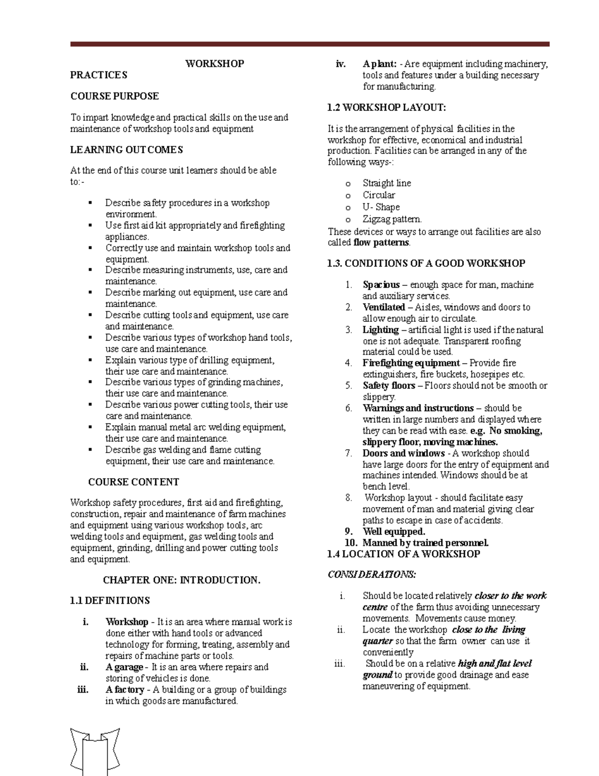 Workshop Practices-1 - WORKSHOP PRACTICES COURSE PURPOSE To impart ...