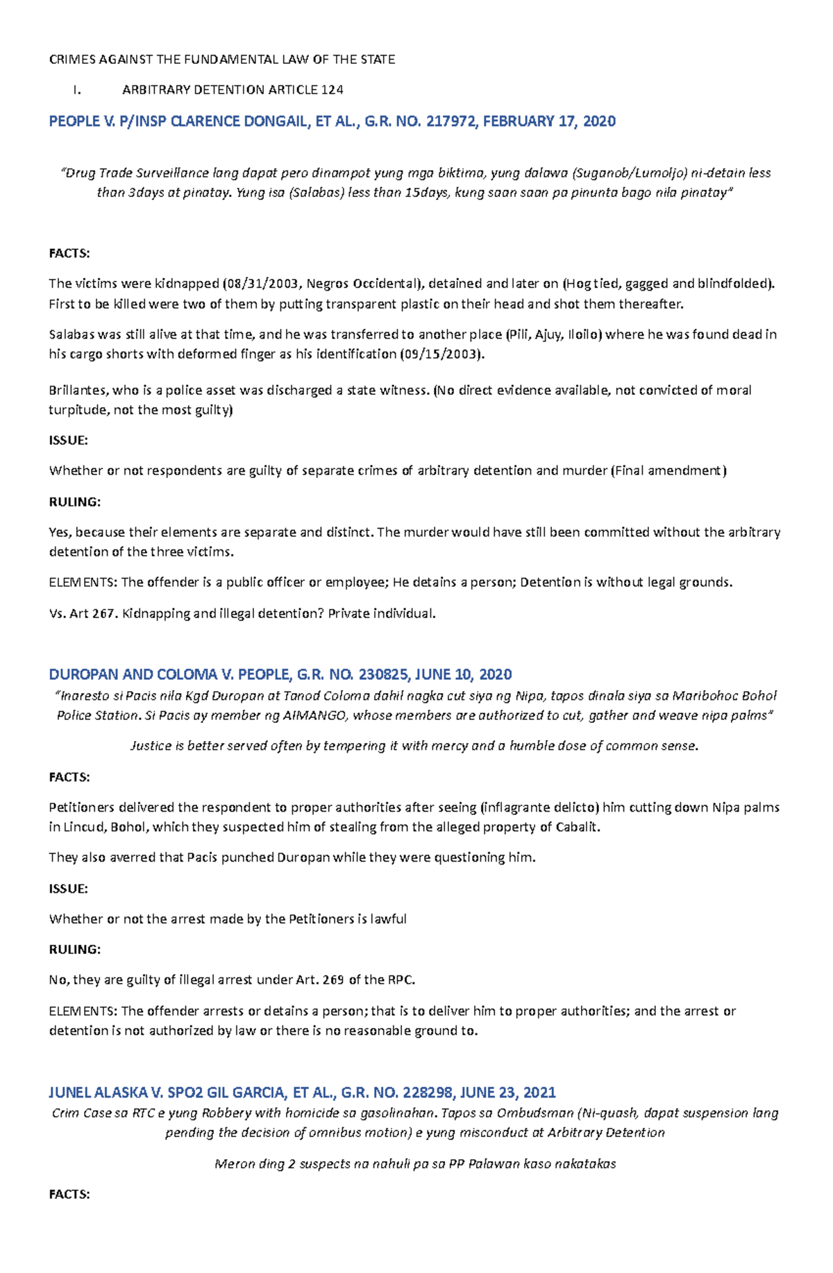 585920870 Case Digest 2 - CRIMES AGAINST THE FUNDAMENTAL LAW OF THE STATE I. ARBITRARY DETENTION ...