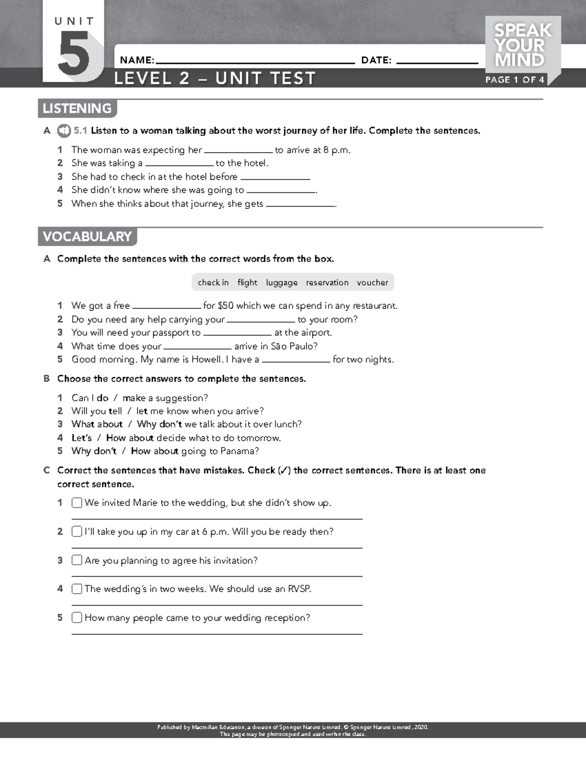 SYM 2 U05 Test - Test - L E V E L 2 – U N I T T E S T SPEAK YOUR NAME ...