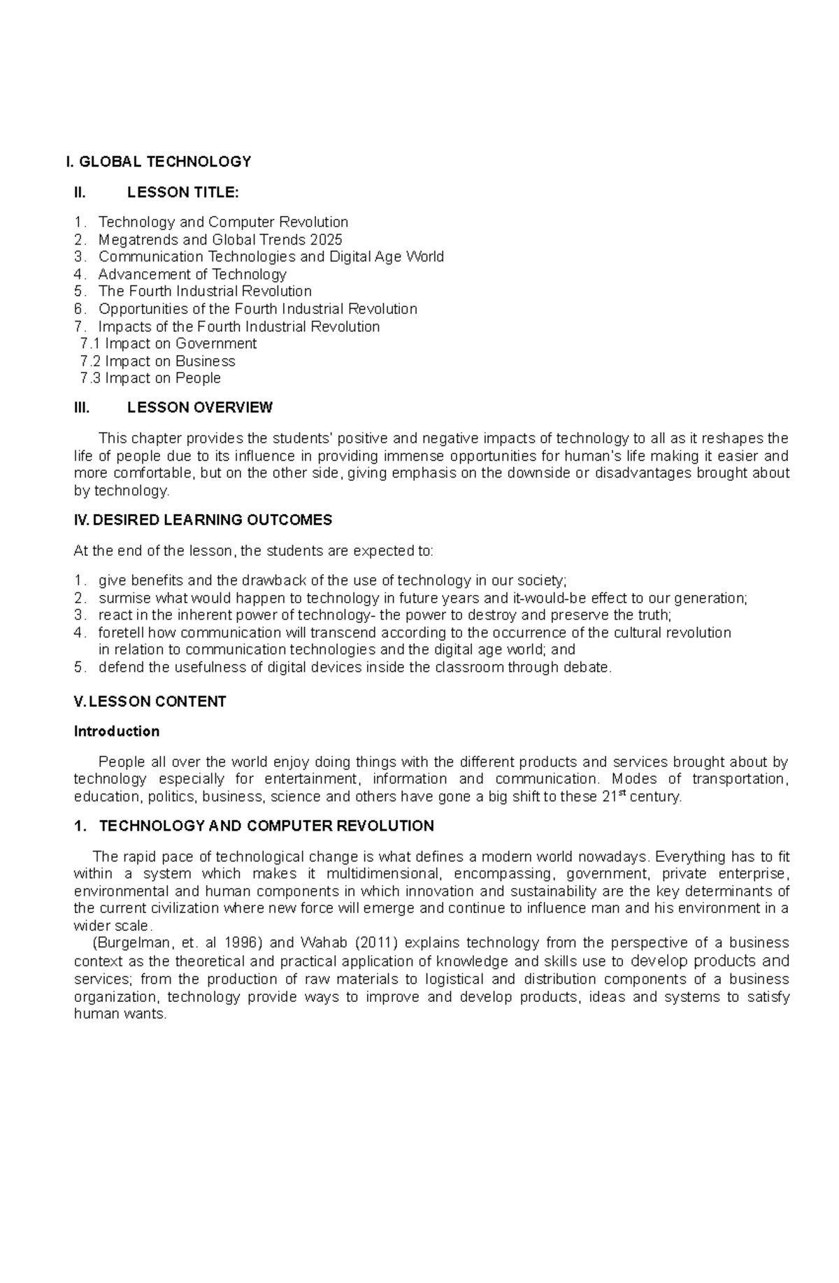 Contem m10 - for your reference - I. GLOBAL TECHNOLOGY II. LESSON TITLE ...