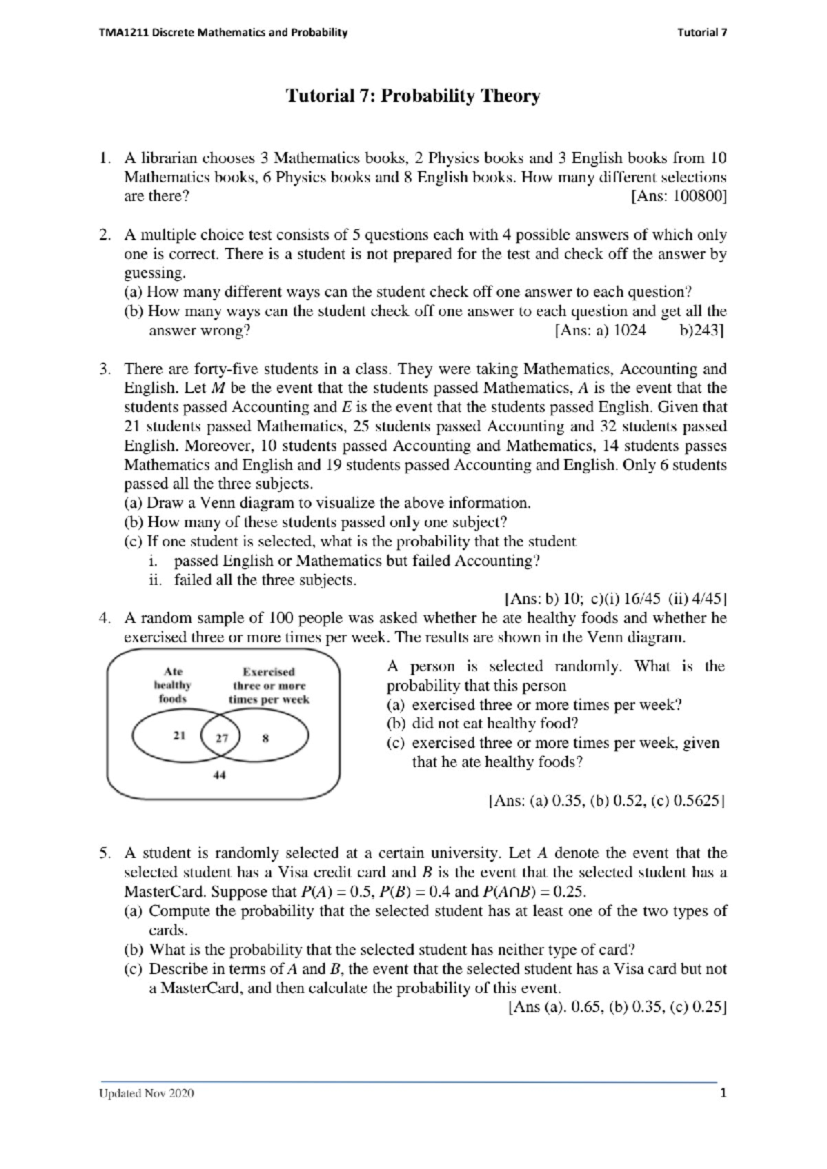 Tutorial 07 Prob Theory (updated Nov 2020) 230522 175733 - TMA1211 Discrete Mathematics and ...