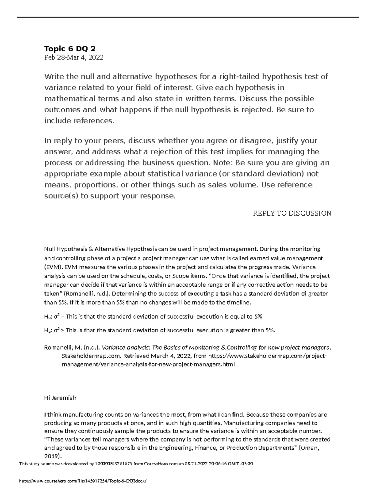 Topic 6 DQ2 - hw week 6 - Topic 6 DQ 2 Feb 28-Mar 4, 2022 Write the ...