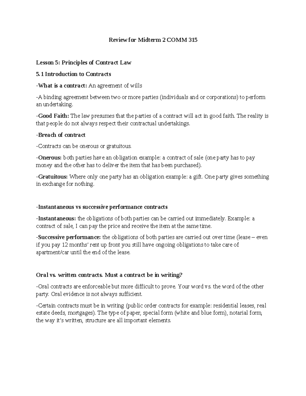 Review for Midterm 2 COMM 315 1 - Review for Midterm 2 COMM 315 Lesson 5: Principles of Contract ...