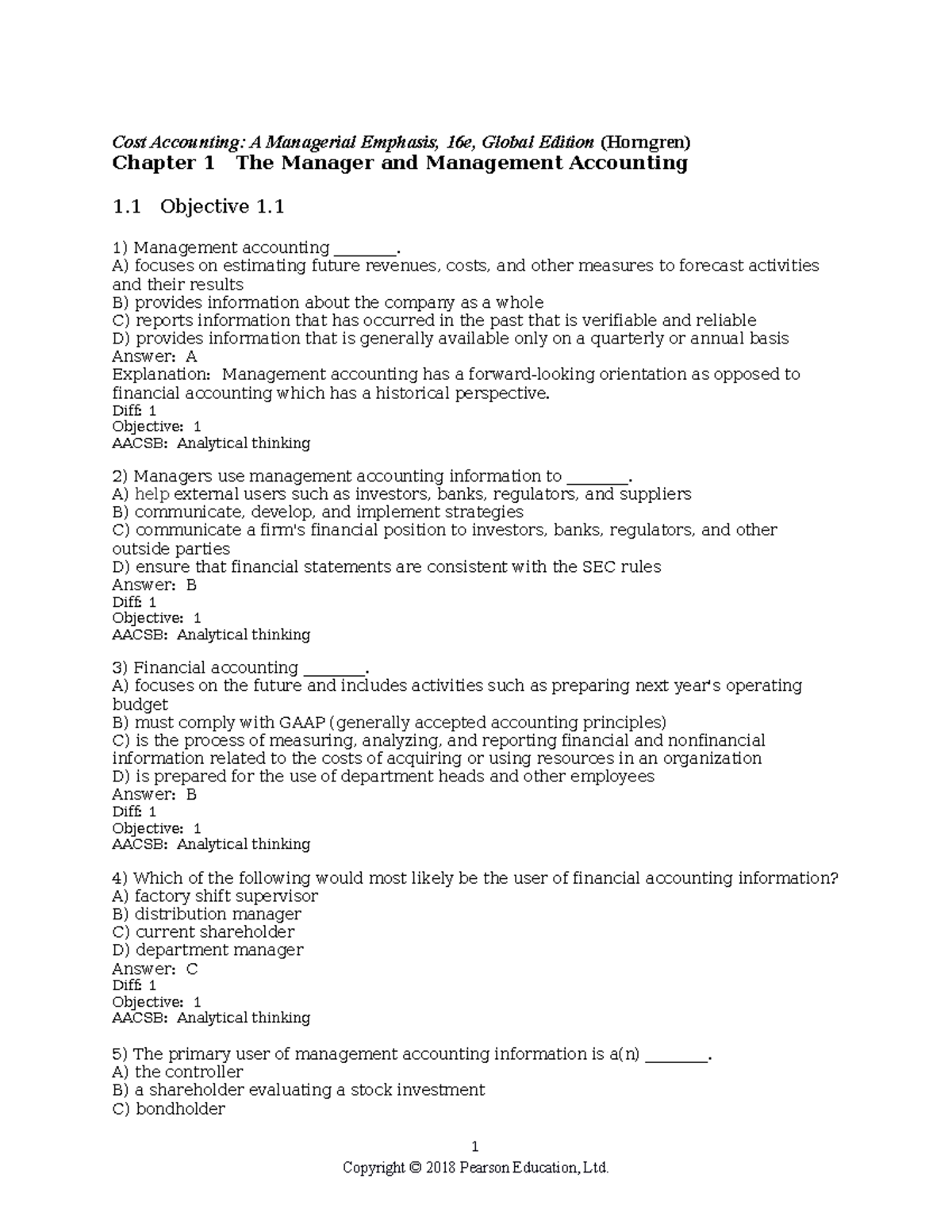 Chapter 1 - Cost Accounting: A Managerial Emphasis, 16e, Global Edition (Horngren) Chapter 1 The ...