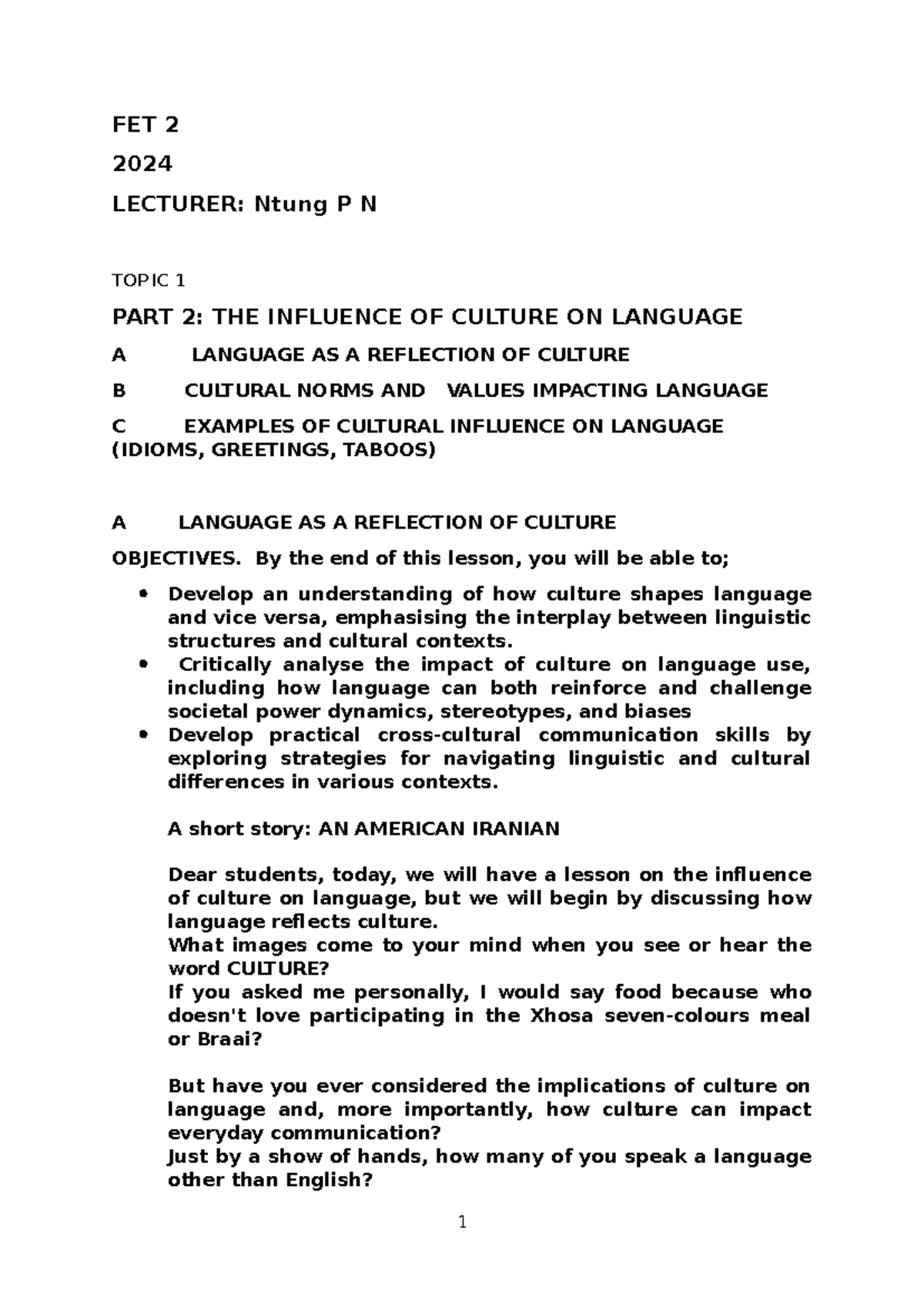 Topic 21 PART 2 Influence OF Culture ON Language - FET 2 2024 LECTURER ...