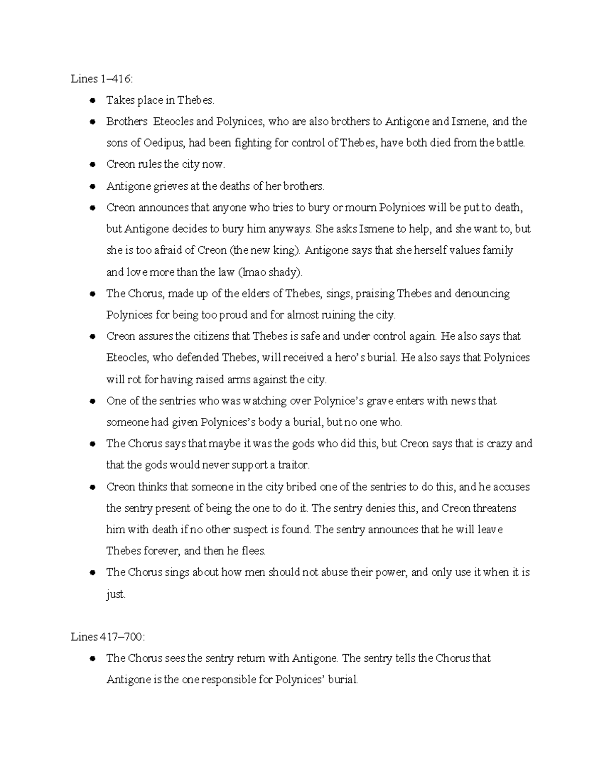 Antigone Notes - Lines 1–416: Takes place in Thebes. Brothers Eteocles ...