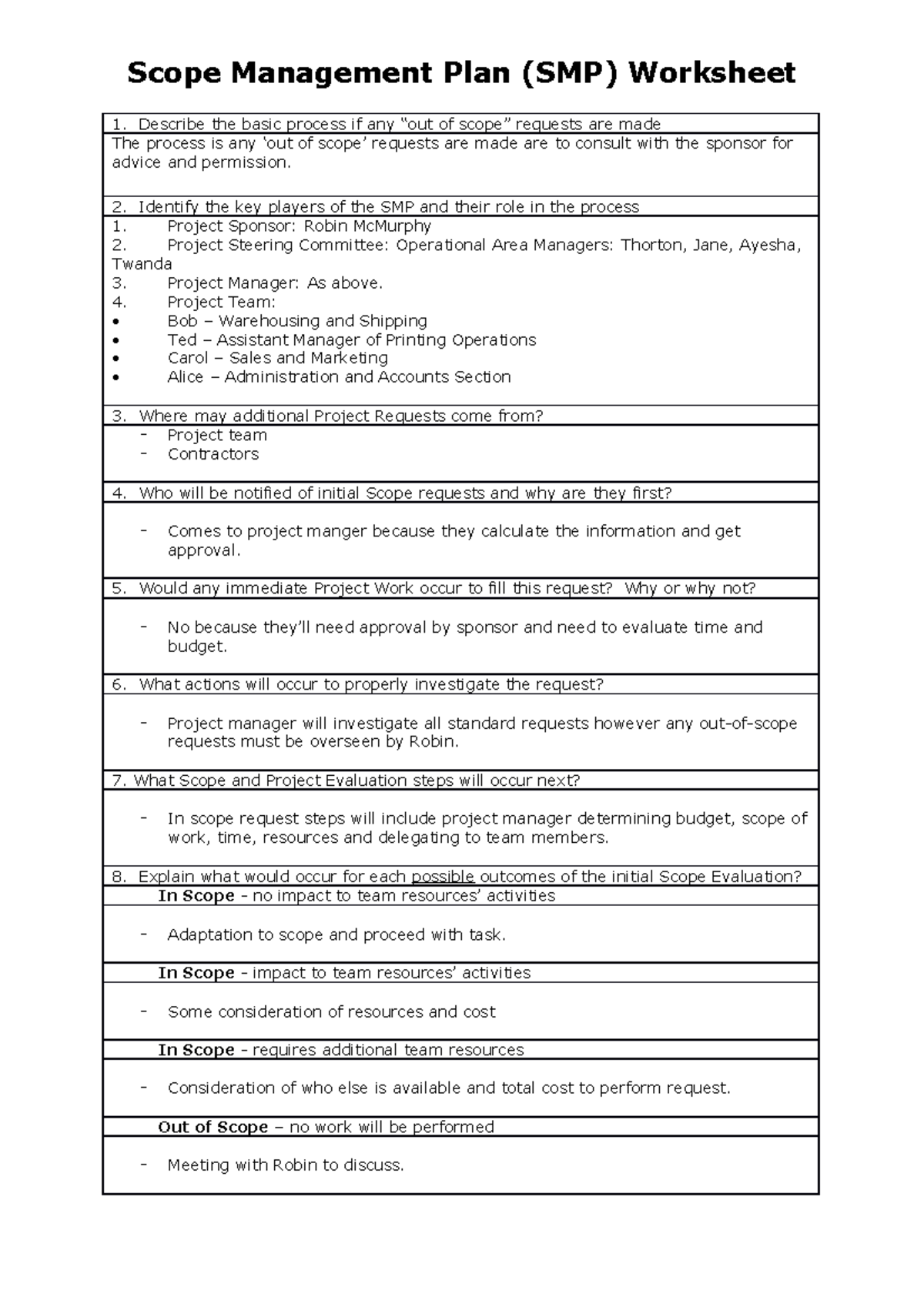 Scope Management Plan Worksheet Template - Scope Management Plan (SMP ...
