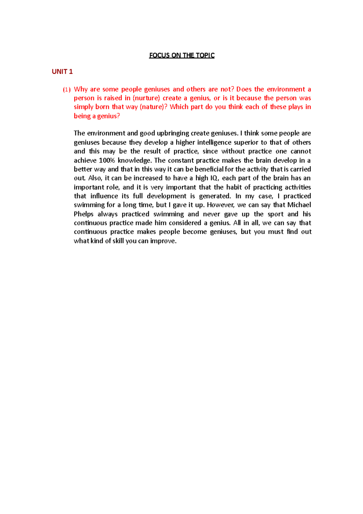 Focus ON THE Topic - ingles - FOCUS ON THE TOPIC UNIT 1 (1) Why are ...