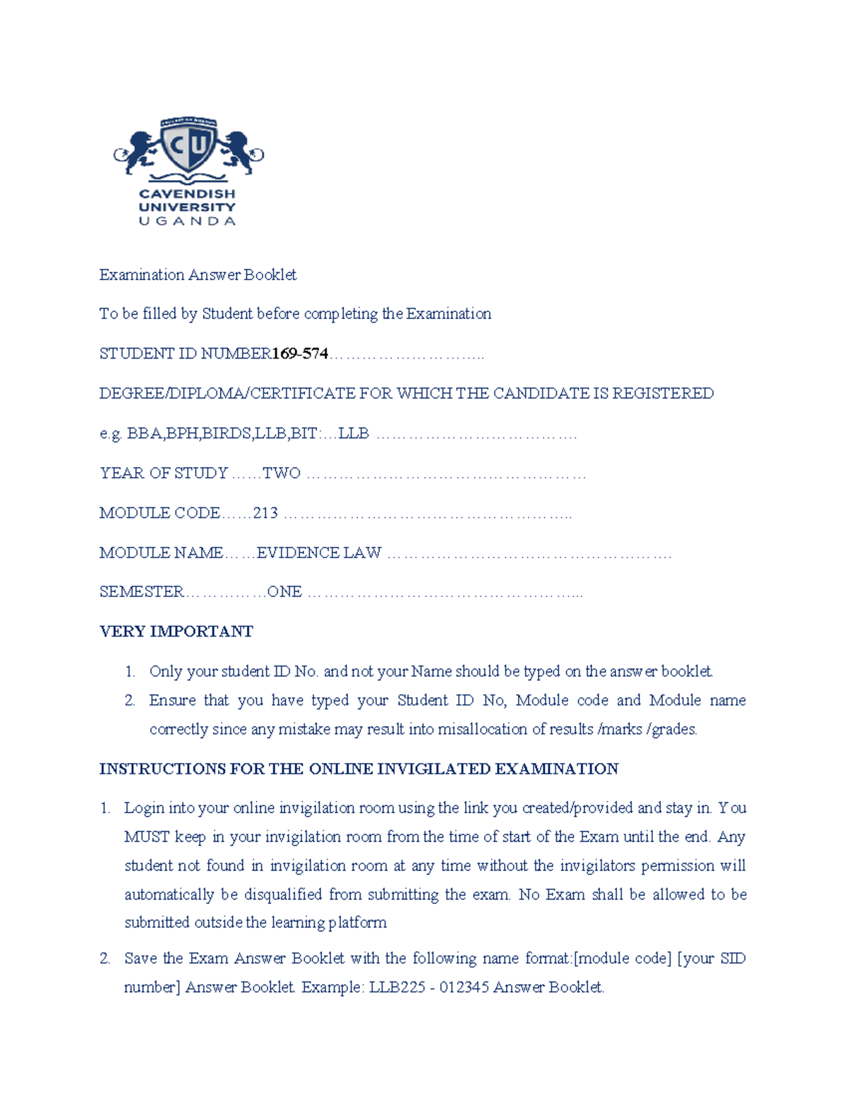 Evidence law examination - Examination Answer Booklet To be filled by ...