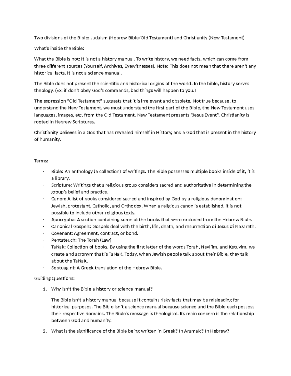 Lesson 1 notes - Two divisions of the Bible: Judaism (Hebrew Bible/Old ...
