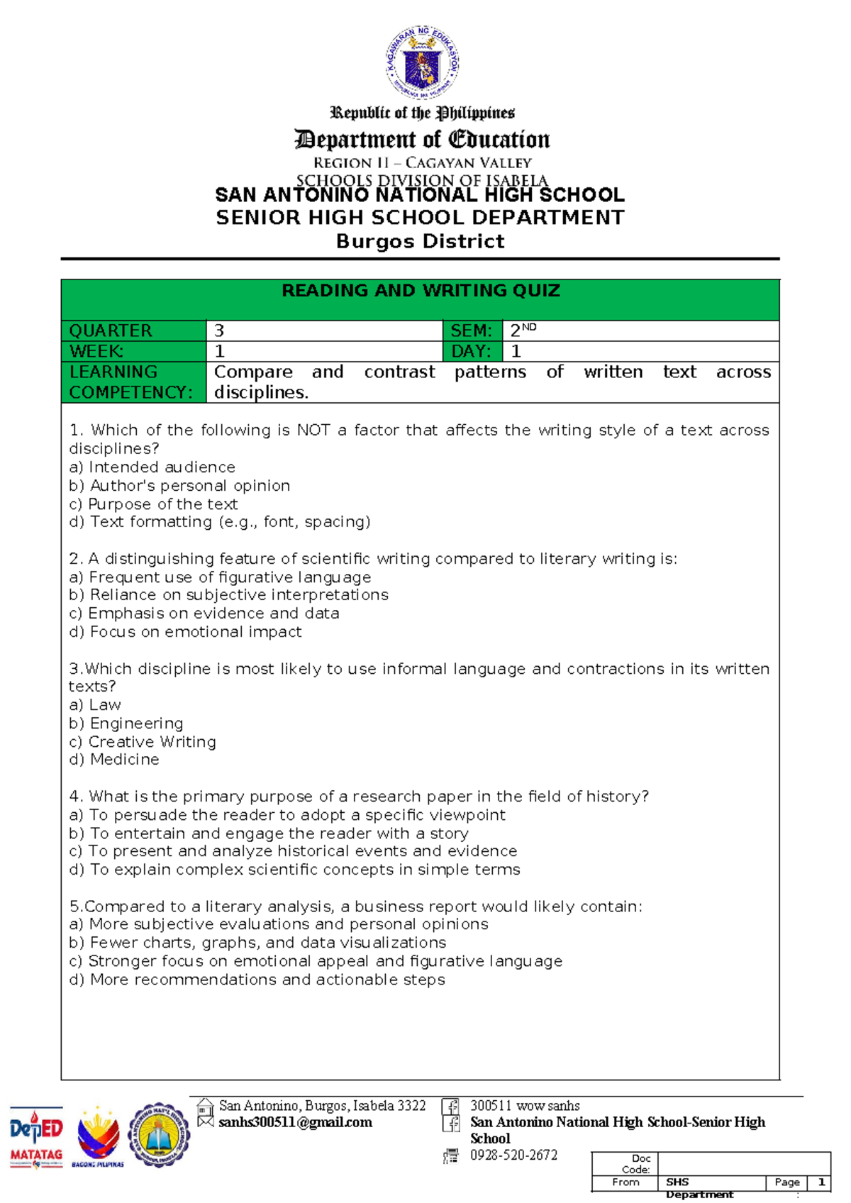 Quiz 1 - Contains practice tests in English - Doc Code: From SHS Page 1 ...