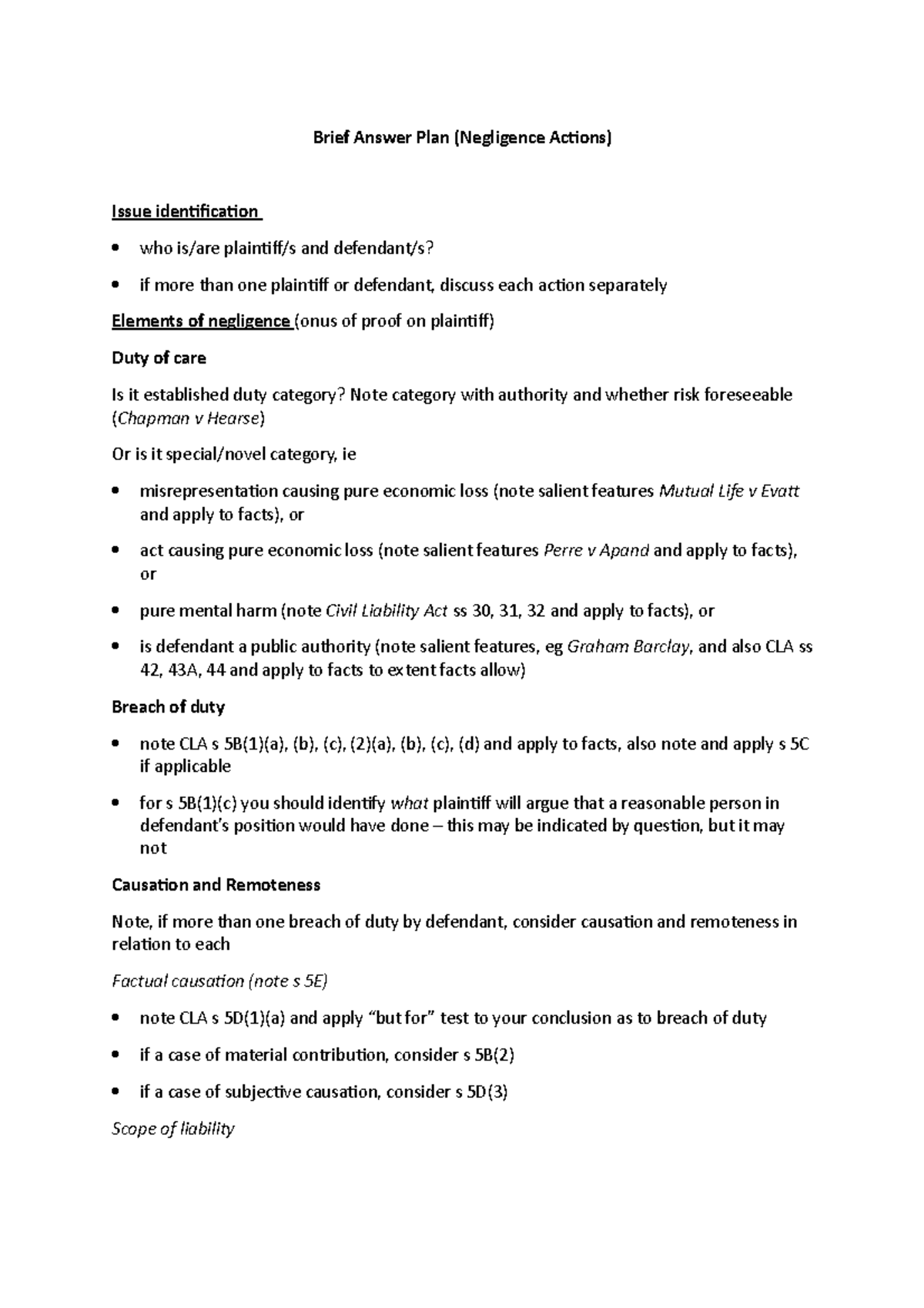 Brief answer plan negligence - Brief Answer Plan (Negligence Actions ...