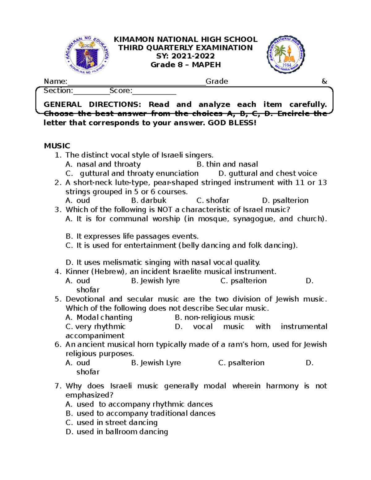 Q3 Exam - Examination Quarter 3 - KIMAMON NATIONAL HIGH SCHOOL THIRD ...